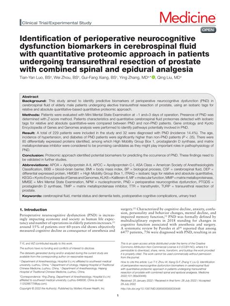 Pdf Identification Of Perioperative Neurocognitive Dysfunction Biomarkers In Cerebrospinal
