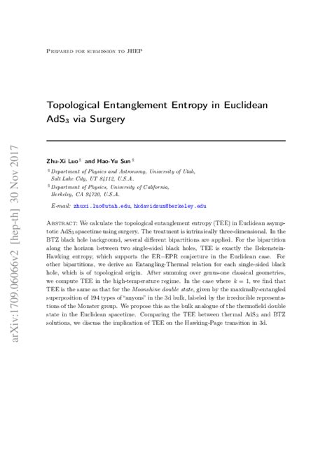 Pdf Topological Entanglement Entropy In Euclidean Ads 3 Via Surgery