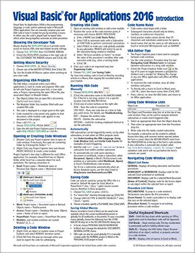 Visual Basic For Applications Vba 2016 Introduction Quick Reference