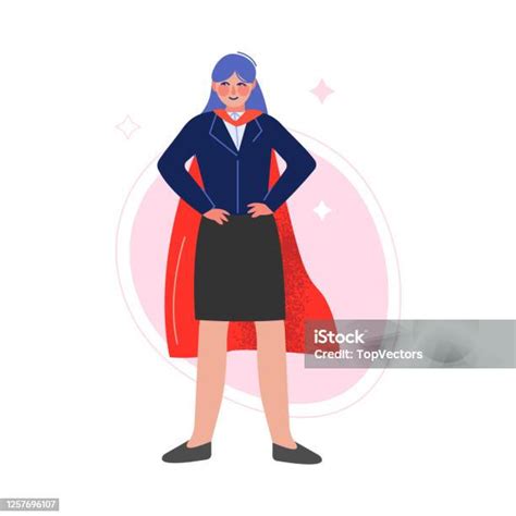 그녀의 허리에 손을 들고 서 레드 케이프의 슈퍼 비즈니스 우먼 성공적인 슈퍼 히어로 비즈니스 캐릭터 리더십 도전 목표 성취 벡터 일러스트 개념에 대한 스톡 벡터 아트 및