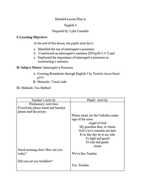 Detailed Lesson Plan Lyka Pdf Teachers Question