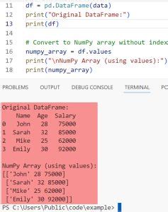 Convert DataFrame To NumPy Array Without Index In Python