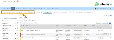 introduction to the default table view for tasks intervals help documentation