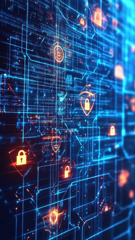 Abstract Digital Network With Glowing Security Icons Stock Illustration