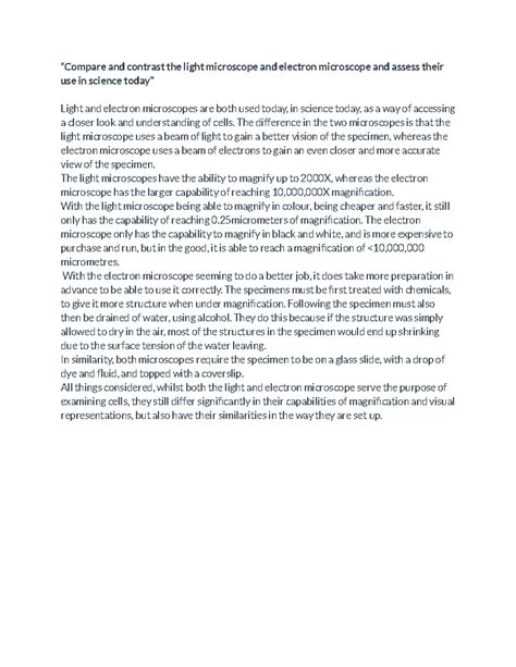 Light VS Electron Microscope Compare And Contrast The Light Microscope And Electron
