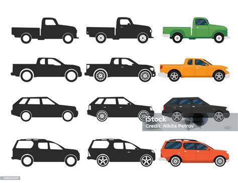 자동차의 종류 흰색 배경 벡터 일러스트레이션을 통해 디자인을 전송합니다 컬렉션 자동차 아이콘 세트입니다 자동차 아이콘 벡터 로고 템플릿입니다 픽업 트럭에 대한 스톡 벡터