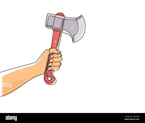 Single One Line Drawing Hand Holding Wooden Axe Forester Ax Icon Axes With Wooden Handle
