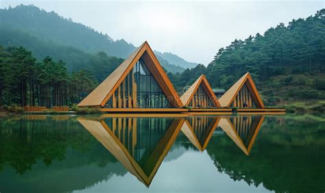 Modern Triangular Architecture Reflecting On Lake Three Wooden Structures Surrounded By Forest