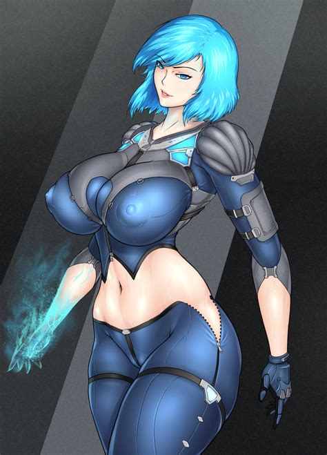 Rule 34 Absurdres Black Background Blue Eyes Blue Hair Breasts Covered Nipples Eyebrows