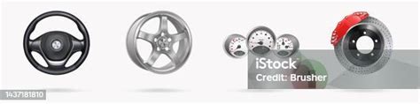 벡터 일러스트 레이 션 자동차 부품 아이콘 세트 현실적인 3d 스티어링 휠에 대한 스톡 벡터 아트 및 기타 이미지 스티어링 휠 가장자리 개체 그룹 Istock