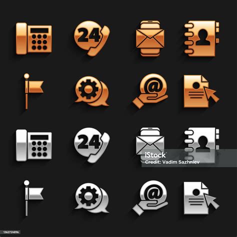 음성 버블 채팅 주소록 문서 및 커서 메일 전자 메일 위치 마커 모바일 봉투 전화 및 24시간 지원 아이콘을 설정합니다 벡터 24 시간 영업 표시에 대한 스톡 벡터 아트 및