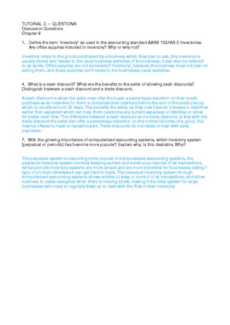Tute 3 Acct Tutorial Answers Week 3 Tutorial 3 — Questions Discussion Questions Chapter 6 1