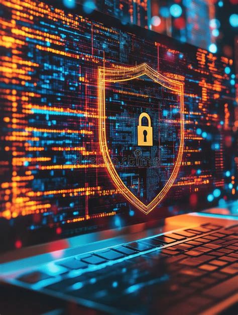 This Setup Features A Vibrant Computer Screen Showcasing A Shield And Lock Icon Representing