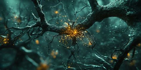 A Microscopic View Of A Neuron With Glowing Synapses Firing Stock Illustration Illustration Of