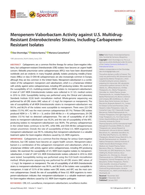 Pdf Meropenem Vaborbactam Activity Against U S Multidrug Resistant Enterobacterales Strains