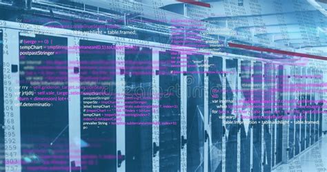 Animation Of Computer Language Over Connected Dots On Server Racks In