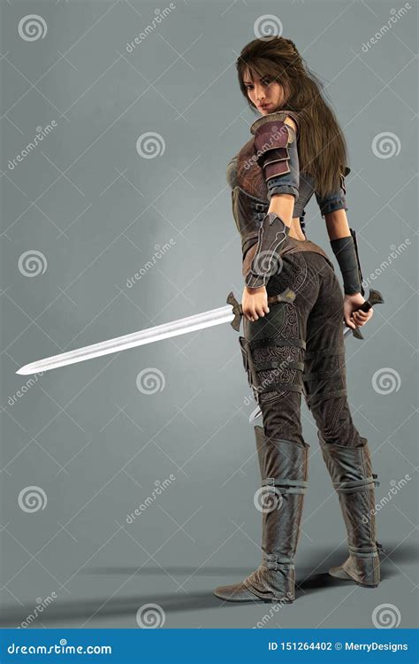 Rear View Of A Female Fantasy Warrior Looking Over Her Shoulder Stock Illustration