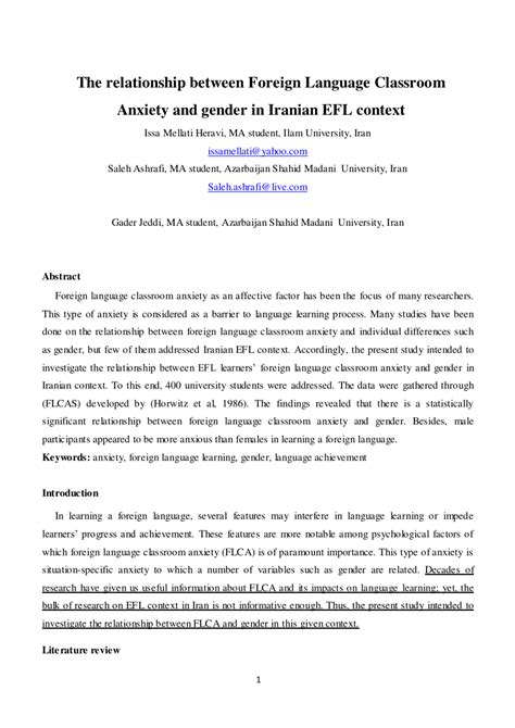 Pdf The Relationship Between Foreign Language Classroom Anxiety And Gender In Iranian Efl Context
