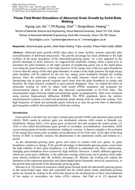 Phase Field Model Simulation Of Abnormal Grain Growth By Solid State Wetting Scientific Net