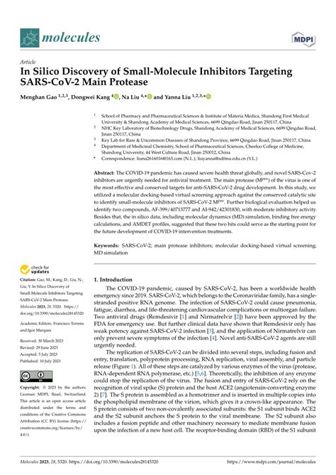 Pdf In Silico Discovery Of Small Molecule Inhibitors Targeting Sars