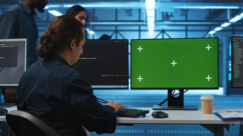 Engineer In Server Hub Using Green Screen Pc To Repair Equipment