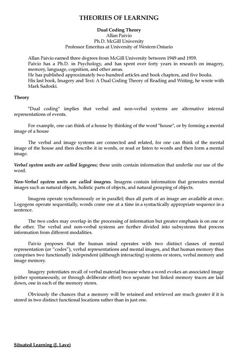 Theories OF Learning THEORIES OF LEARNING Dual Coding Theory Allan Paivio Ph McGill