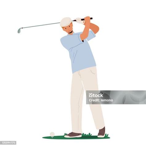 젊은 미소 남자 스포츠 유니폼 들고 골프 클럽 손에 재생 코스 고립 된 화이트 배경 풀 벼과에 대한 스톡 벡터 아트 및 기타 이미지 풀 벼과 건강한 생활방식 경기