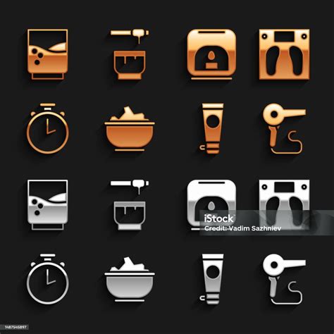 그릇에 바다 소금 욕실 저울 헤어 드라이어 크림 또는 로션 화장품 튜브 스톱워치 아로마 램프 물과 꿀 국자 스틱 및 아이콘이 담긴 유리를 넣으십시오 벡터 건강한 생활방식에