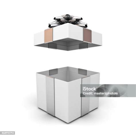 오픈 선물 상자 선물 박스와 실버 리본 활 그림자에 고립 된 흰색 배경 3 차원 렌더링 0명에 대한 스톡 사진 및 기타 이미지