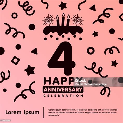 창립 4 주년 기념 엠블럼 기념일 축하 로고 고립 생일 케이크와 촛불 색종이 라인 낙서 핑크 파스텔 배경 웹 전단지 포스터 인사말에 대 한 벡터 일러스트 레이 션 템플릿