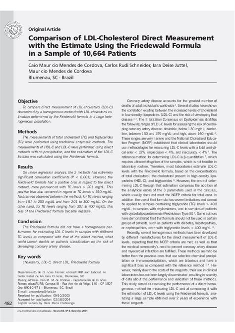 Pdf Comparison Of Ldl Cholesterol Direct Measurement With The Estimate Using The Friedewald
