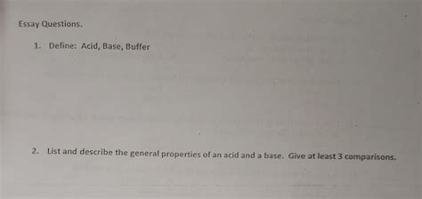 solved essay questions 1 define acid base buffer list