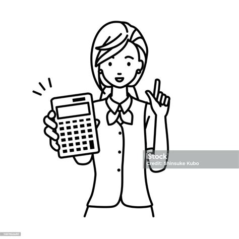 사무 유니폼을 입은 여성이 추천하고 제안하고 견적을 보여주고 미소를 지으며 계산기를 가리키고 있다 가리키기에 대한 스톡 벡터 아트 및 기타 이미지 Istock