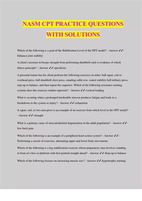 NASM CPT PRACTICE QUESTIONS WITH SOLUTIONS NASM Stuvia US