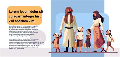 아랍 부모와 어린 아이들이 함께 걷고 아랍어 어머니 아버지와 함께 서 부모의 큰 가족 개념 전체 길이 가로 복사 공간 벡터