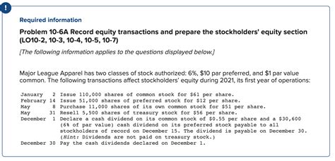 Solved Required Information Problem 10 6a Record Equity