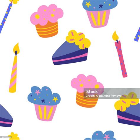 케이크와 양초와 매끄러운 패턴 귀여운 생일 프린트 파티 와 생일 장식 항목 선물 과 선물 축제 포장지 축하 인사말 엽서 배경
