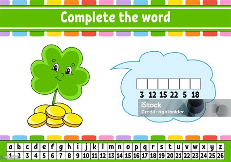 단어를 완성합니다 암호 코드입니다 동전 클로버 어휘와 숫자를 학습 교육 워크 시트 영어 공부를 위한 활동 페이지 격리된 벡터 그림입니다 만화 캐릭터 가로세로 낱말퍼즐에 대한