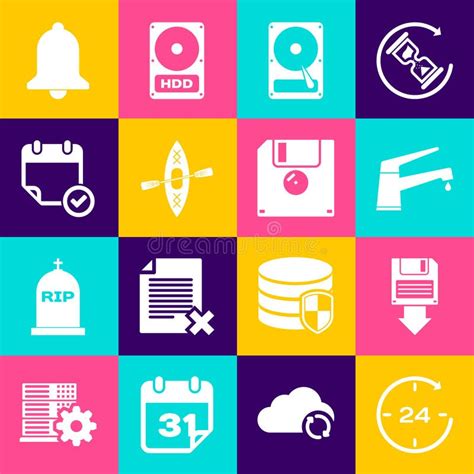 Set Clock 24 Hours Floppy Disk Backup Water Tap Hard Drive HDD Kayak And Paddle And Calendar