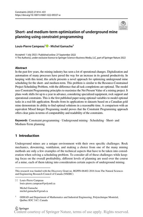 Short And Medium Term Optimization Of Underground Mine Planning Using Constraint Programming