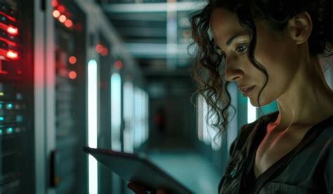 Server Room Woman And Tablet At Night For Software Developer Or Information Technology For