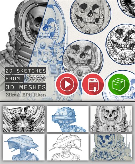 2d Sketches From 3d Meshes Zbrush Bpr Filters Pack Pablander