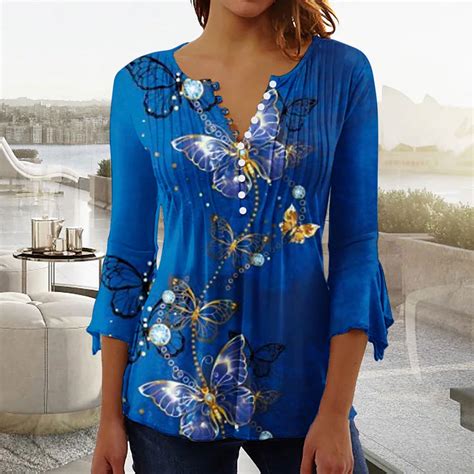 Jacenvly Womens Tops 34 Sleeve Misses Fold Printed Regular Misses V