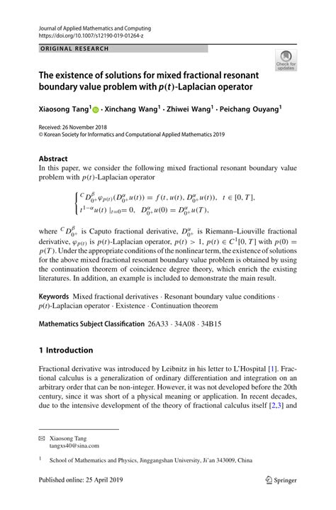 Pdf The Existence Of Solutions For Mixed Fractional Resonant Boundary Value Problem With P T