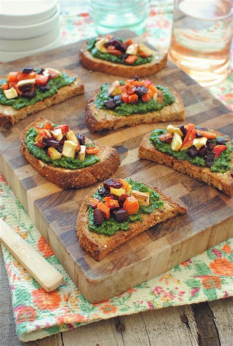 Kale And Sage Pesto Crostini With Roasted Vegetables Bev Cooks