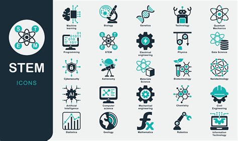 Stem 솔리드 아이콘 컬렉션 과학 과학 기술 공학 물리학 화학 수학 공학 컴퓨터 과학 천문학 로봇 공학 나노 기술 인공 지능 유전학 건강관리와 의술에 대한 스톡 벡터 아트