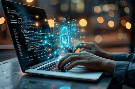 person typing laptop glowing circuit screen premium ai generated image