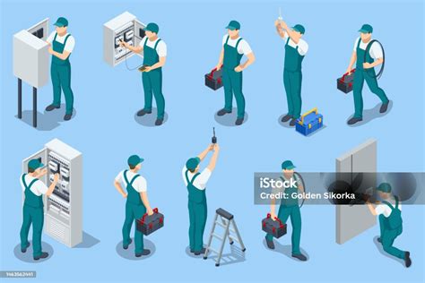 아이소메트릭 전기 작업 세트 유니폼 수리 전기 요소의 전문 작업자 전기 배전반 변압기 배전반 등측투영법에 대한 스톡 벡터 아트 및 기타 이미지 Istock
