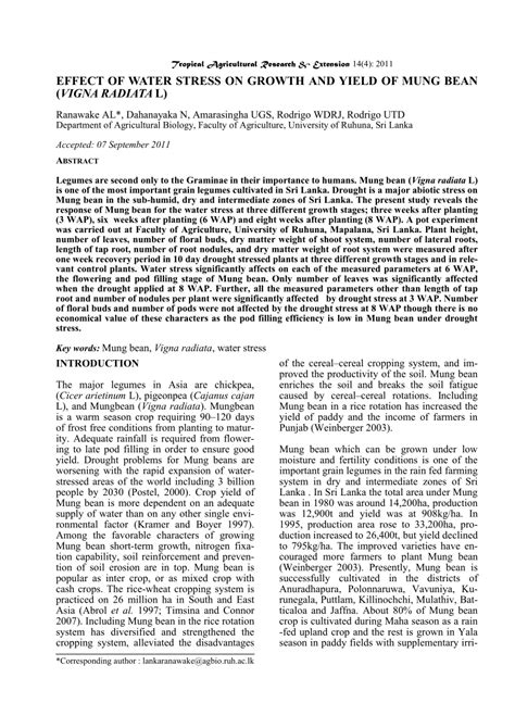 Pdf Effect Of Water Stress On Growth And Yield Of Mung Bean Vigna