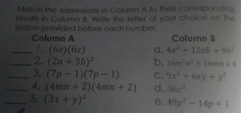 Solved Match The Expressions In Column A To Their Corresponding